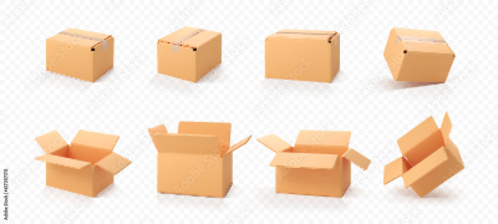 3D cardboard open and closed boxes isolated on transparent background ...