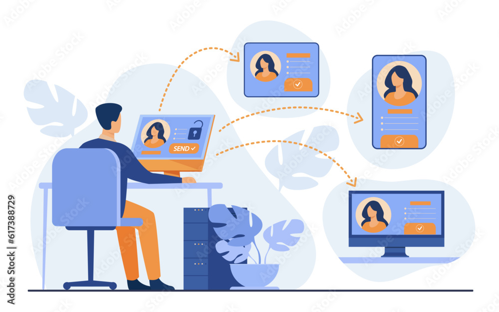 Man hacking into account of woman vector illustration. Cartoon drawing ...