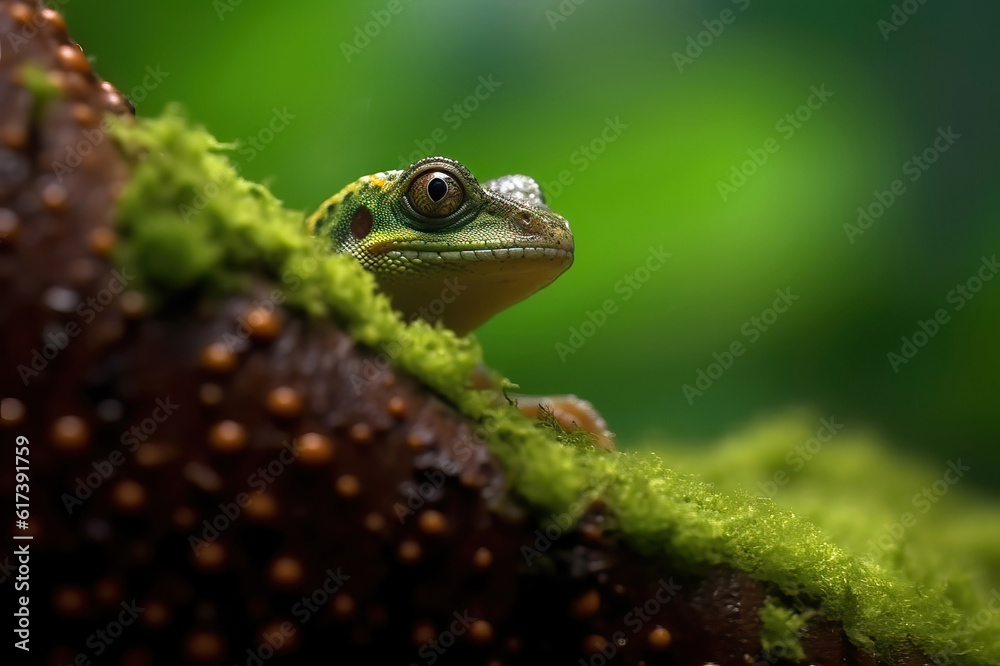 Cute close-up of a Green Gecko in a tree trunk with moss in the forest ...