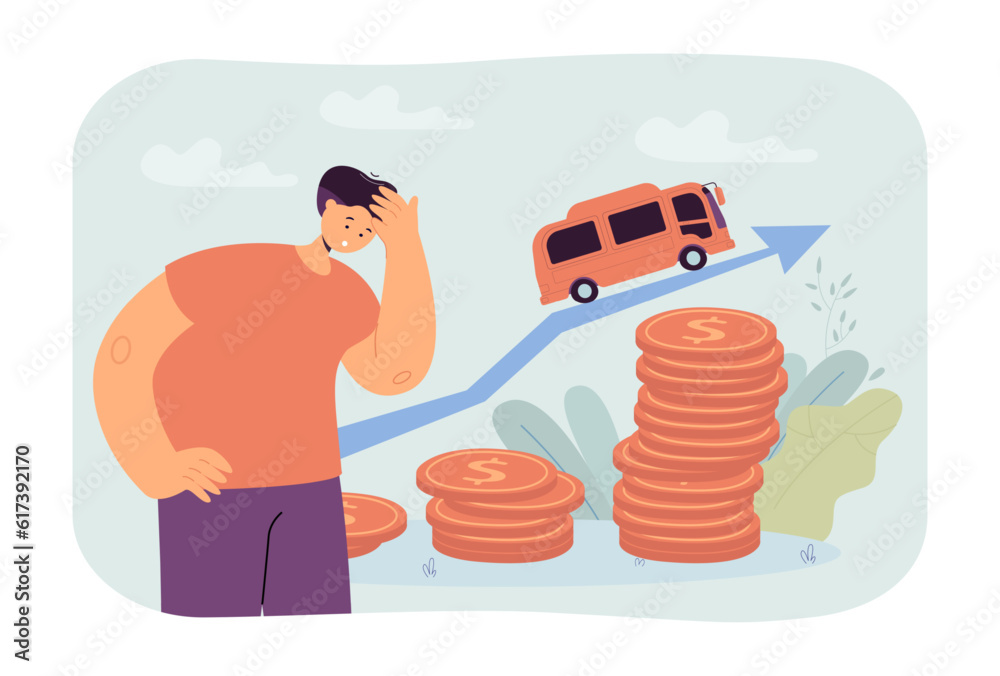 Man shocked by rising prices of bus tickets vector illustration ...