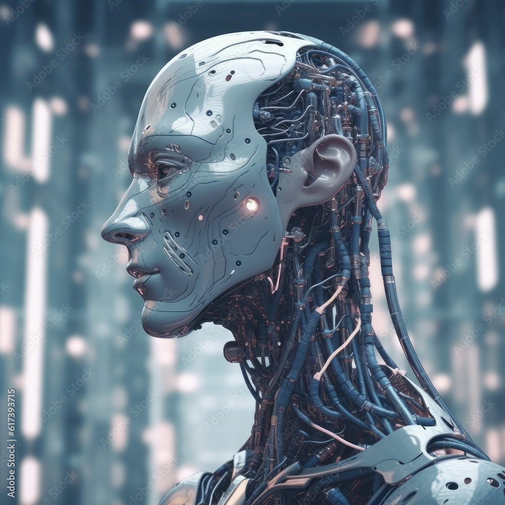 Futuristic robot on the background of a fantastic city of the future ...