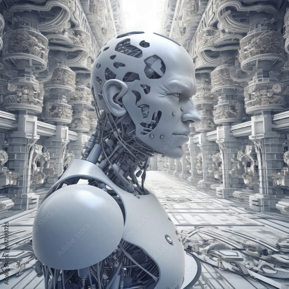 Futuristic robot on the background of a fantastic city of the future ...