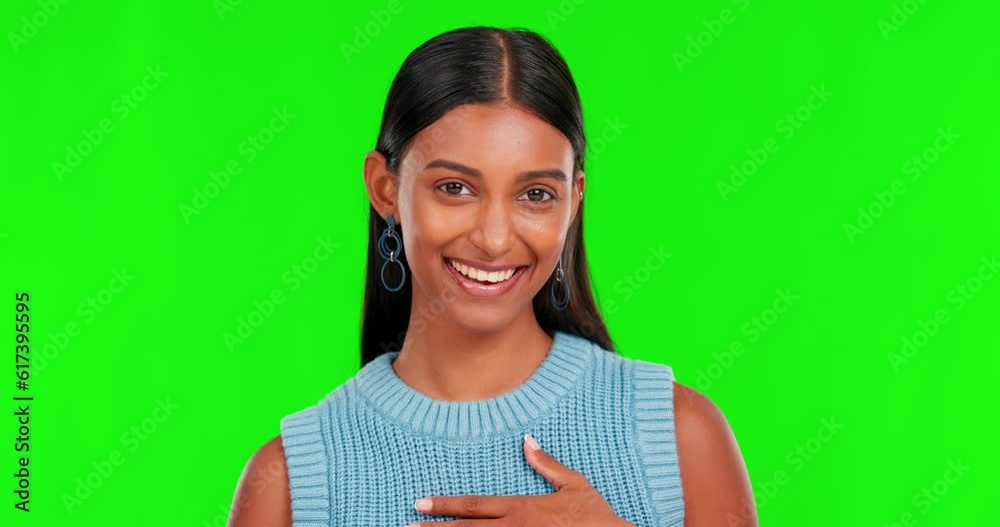 Woman, sign language and thank you on green screen with a smile, hand ...
