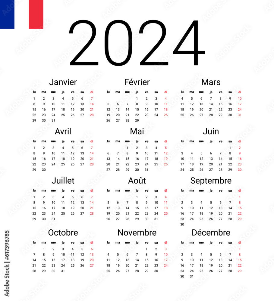 French 2024 calendar. Vector design template start from monday. Full ...
