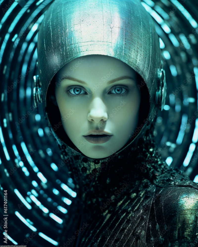 1950's Atomic age image of model wearing sci-fi style space suit and helmet in preparation for ...