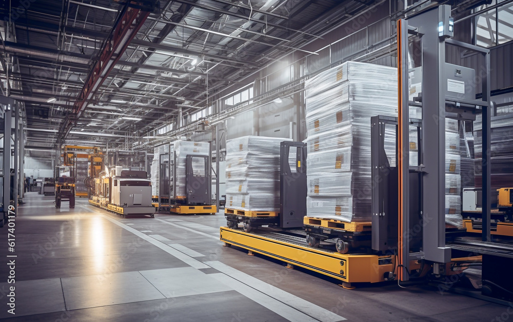 Robotic and futuristic large warehouse, with conveyor rollers and ...
