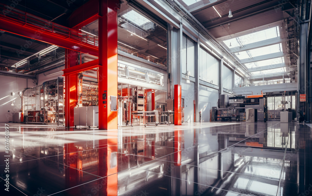 Robotic and futuristic large warehouse, with conveyor rollers and ...
