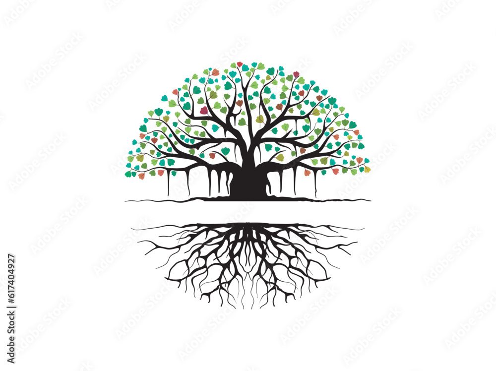 Póster Ancient Banyan tree logo vector illustrations, hand drawn art ...