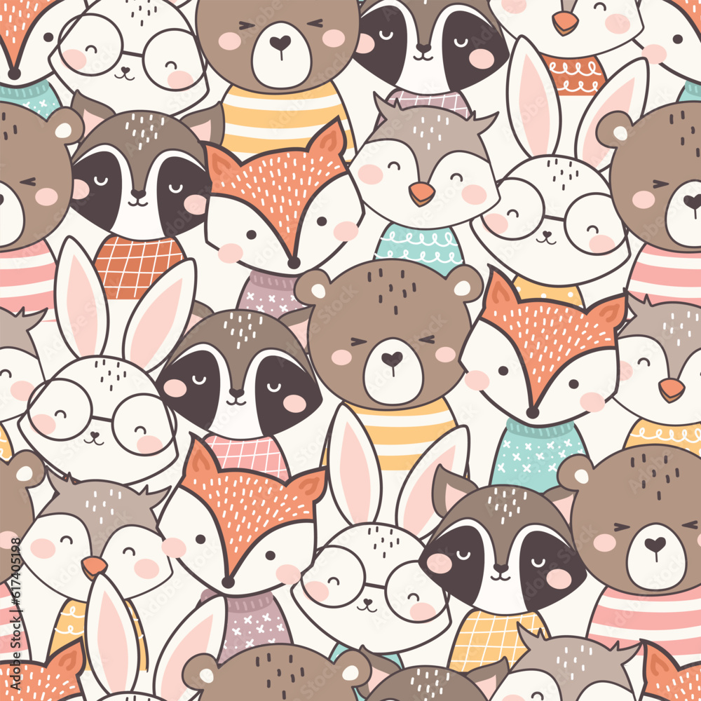 Cute Woodland Animals seamless pattern. Childish Cartoon Animals ...