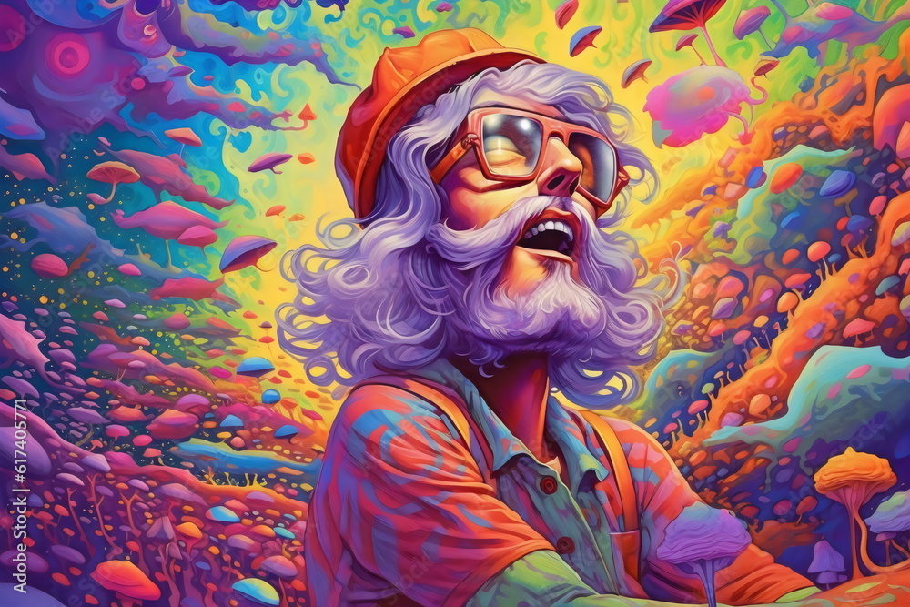 bearded man tripping high in retro psychedelic illustration made with ...