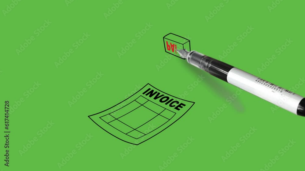 draw human hand stamping PAID stamp in red color on INVOICE paper with ...