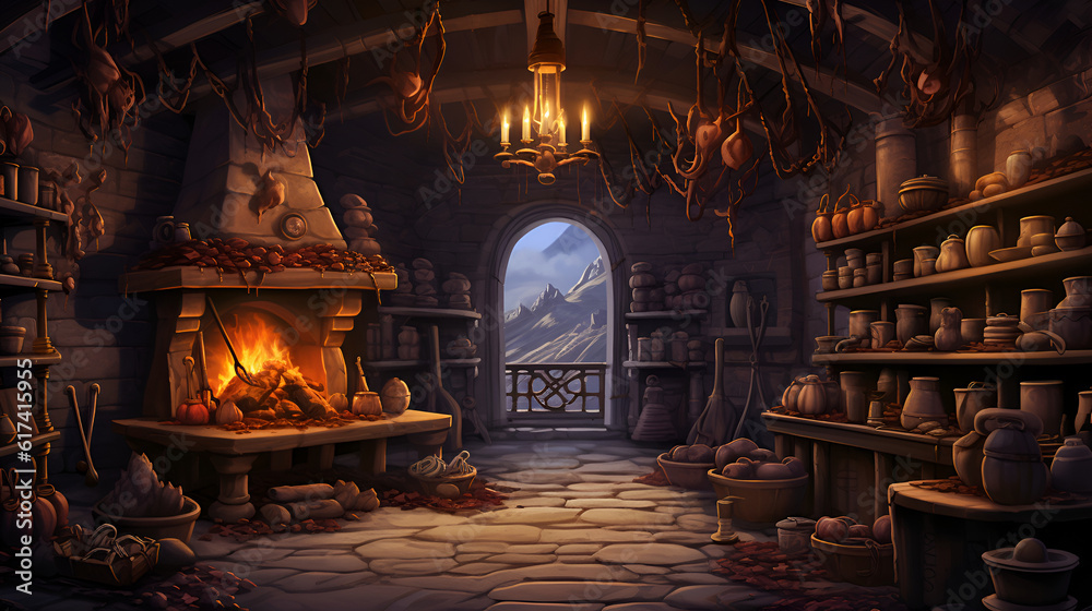 Witch or wizard alchemical laboratory with magic books and potions with ...