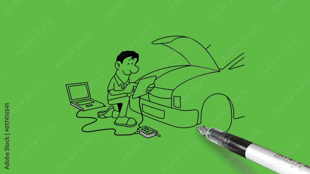 draw young mechanic repair car vehicle open bonnet with tools and ...