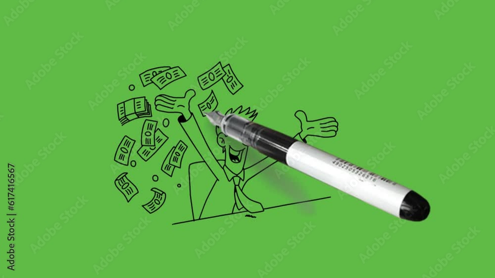 draw young man move large amount of money up with joy with black ...