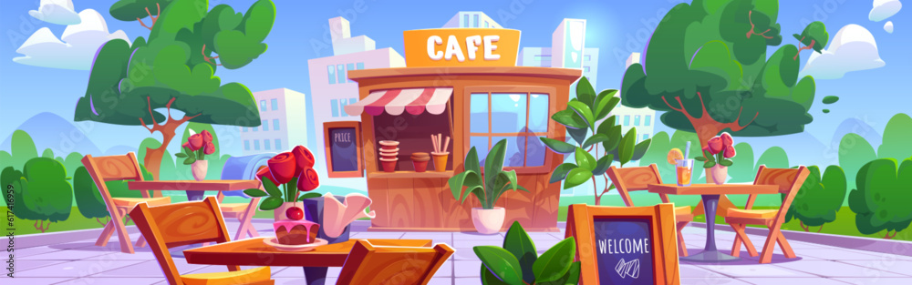 Outdoor cafe booth with table on street scene cartoon illustration ...