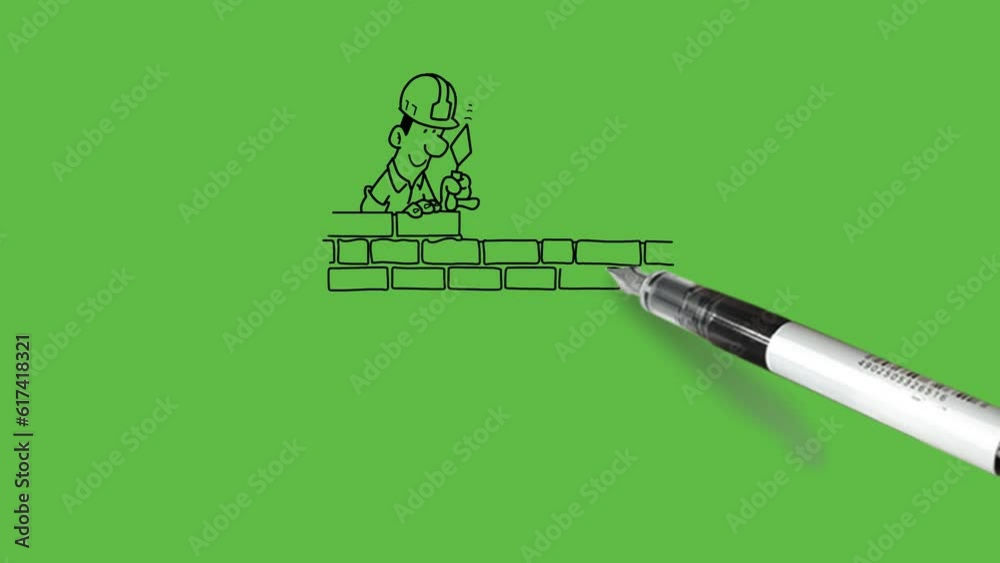 draw mason man construct wall with brick, sand and his tools with black ...
