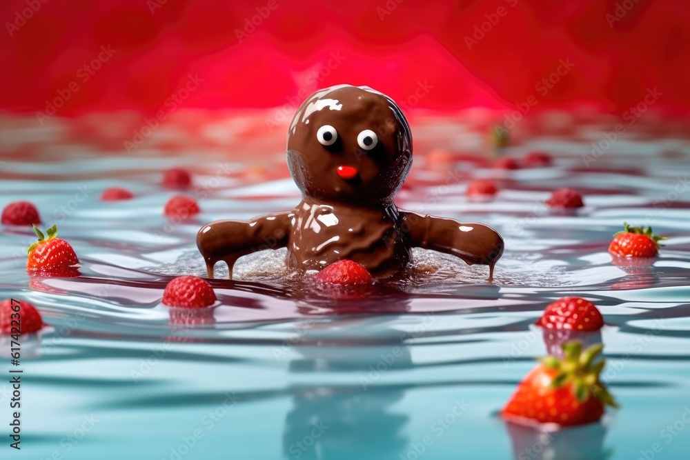 A chocolate doll melting in a pool with strawberries floating ...