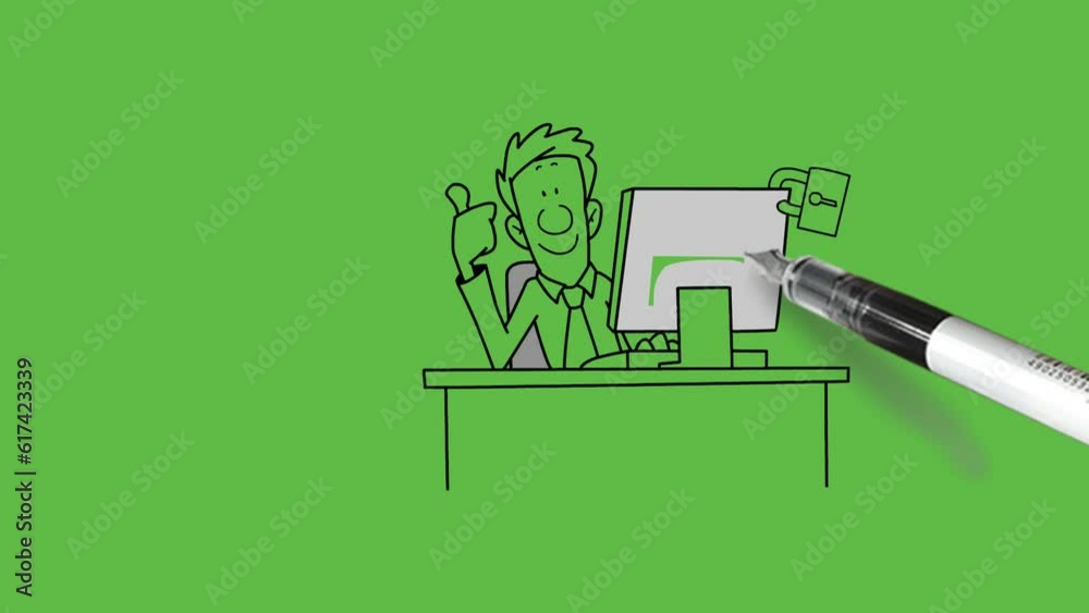 draw young man sit on chair computer screen locked and almirah aside ...