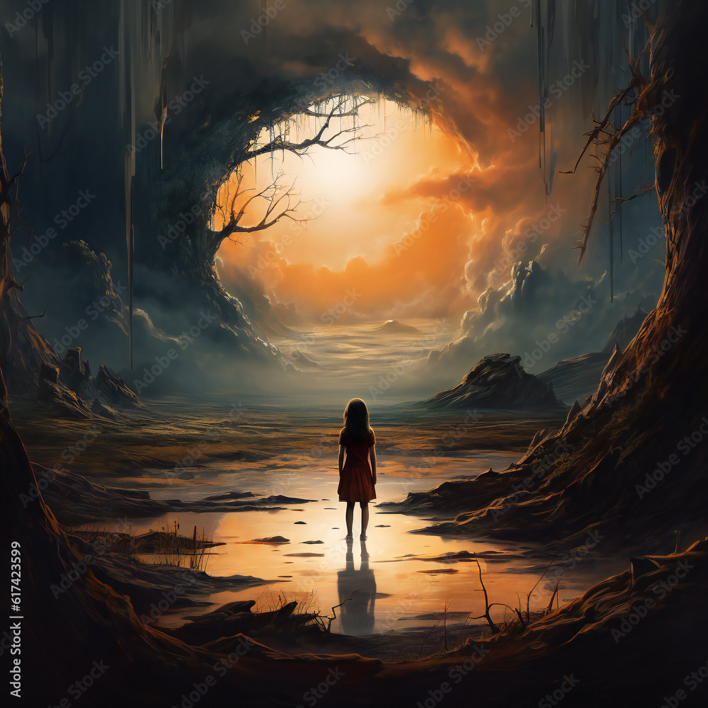Magnificent Illustration Of Lonely Girl Standing In Cavernous Entrance Looking At Sunset