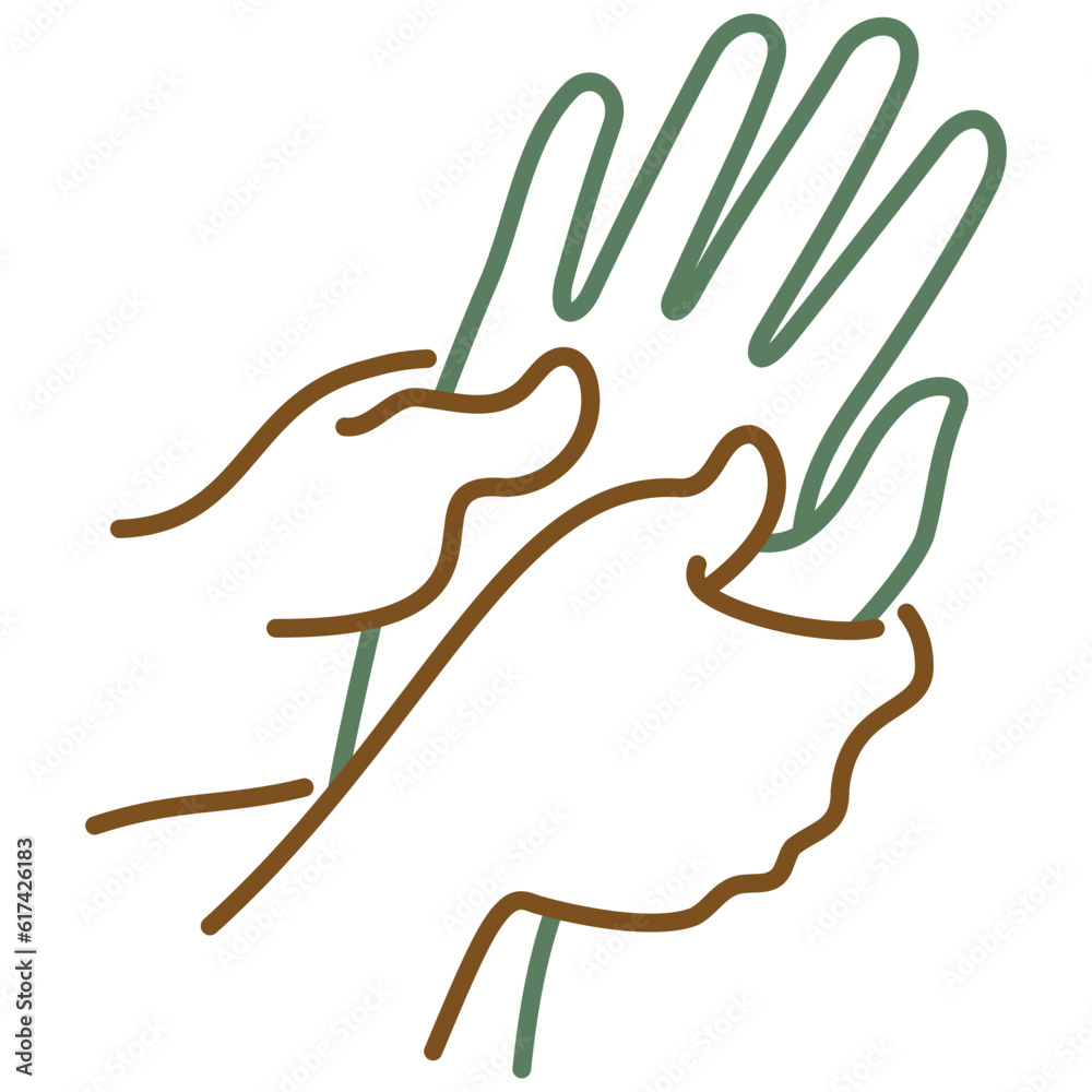 Two hands massaging another person hand. Vector bicolor outline icon of ...