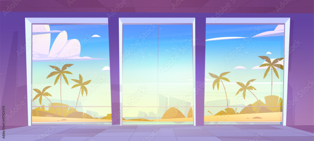 Sea and beach landscape window view from tropical hotel room vector ...