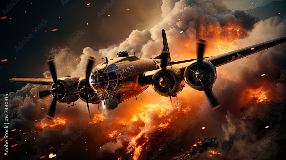 An American B-17 Bomber flying over a flaming landscape soars through ...
