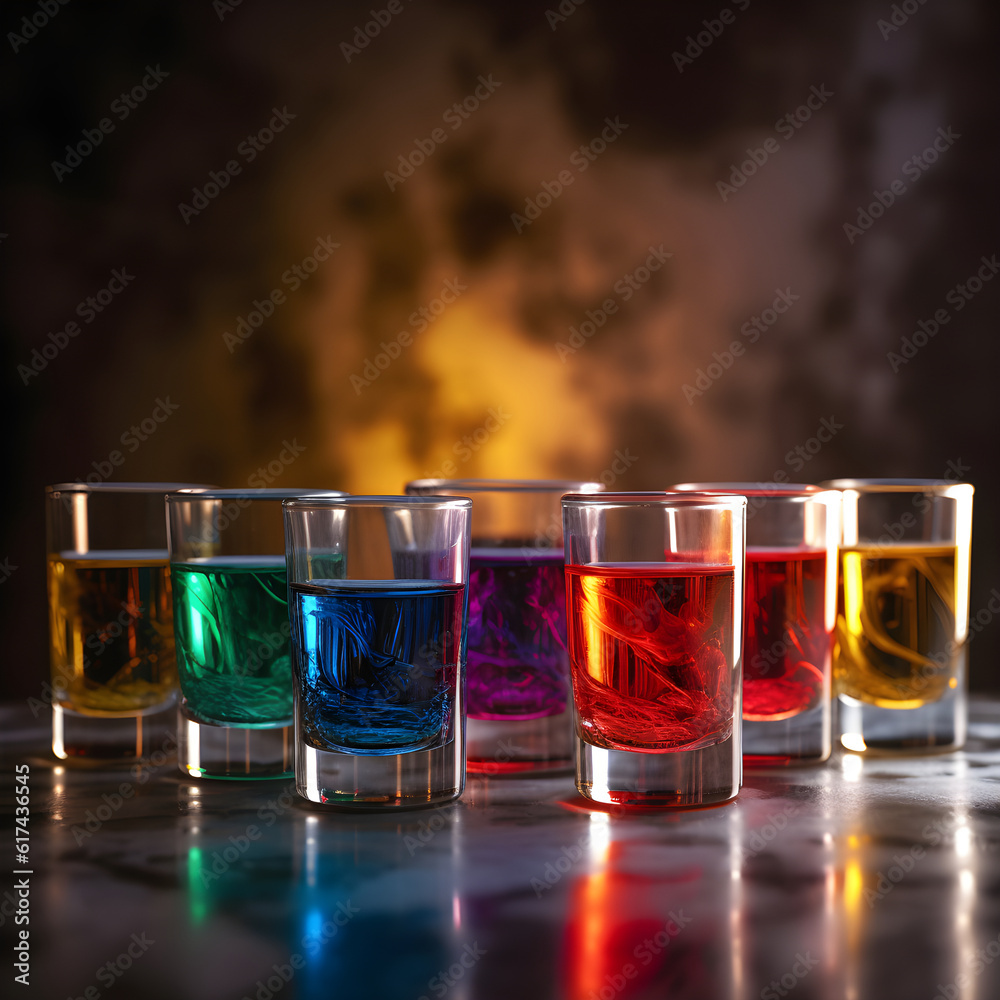 rainbow layered shots in a shot glasses, with colorful liquors and ...