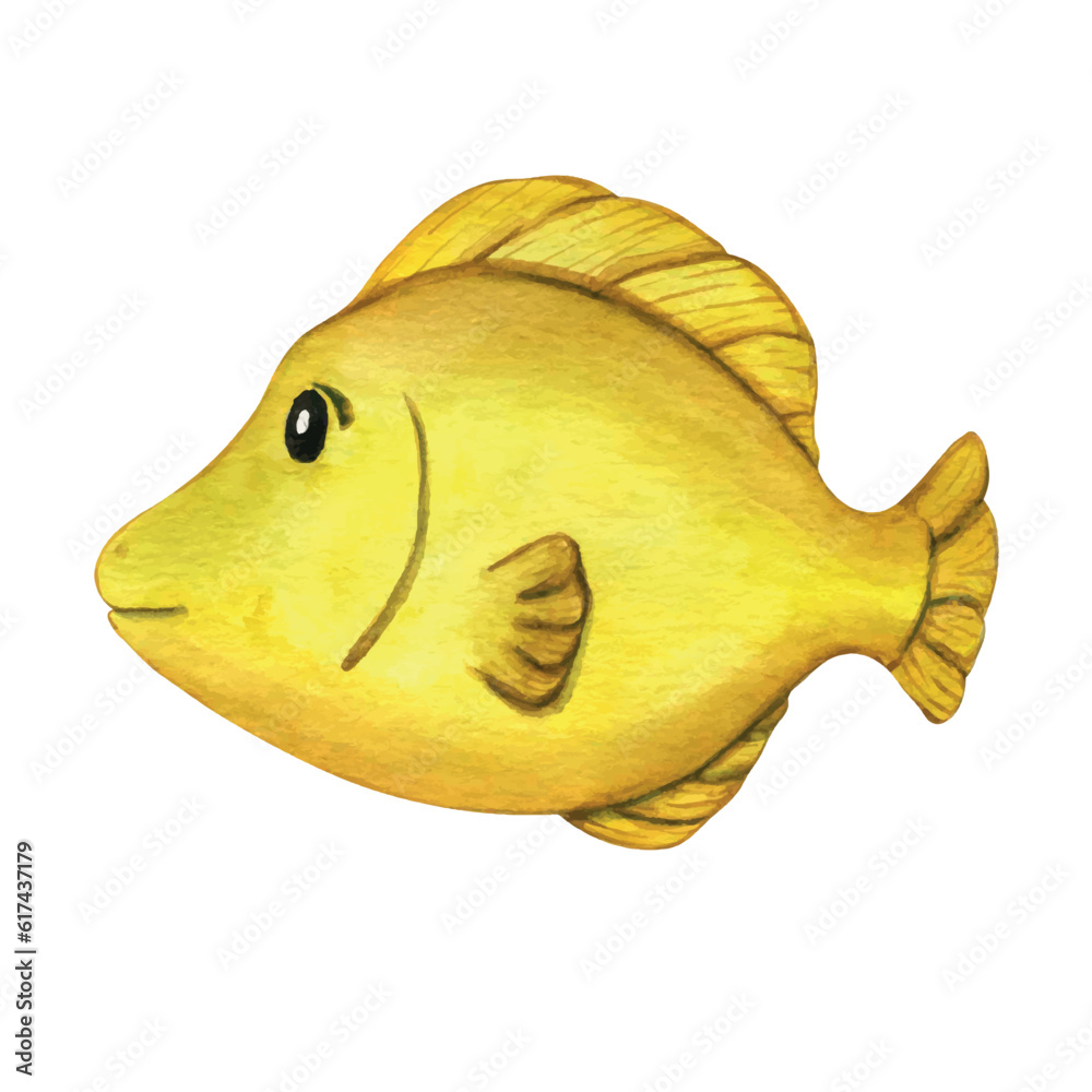 Watercolor illustration cute yellow tang fish, hand drawn on an ...