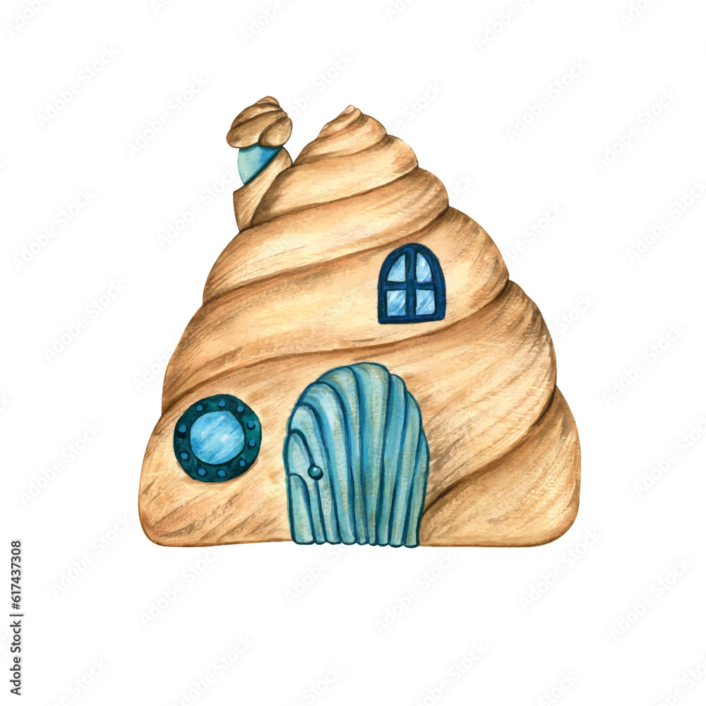 Watercolor illustration cartoon underwater mermaid fairy house ...