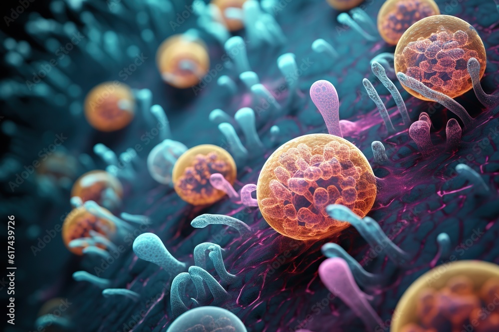 Microscopic macroscopic close view of cells attacked by virus and ...