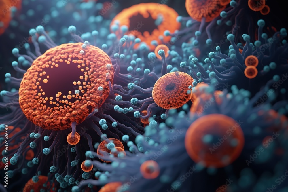 Microscopic macroscopic close view of cells attacked by virus and ...