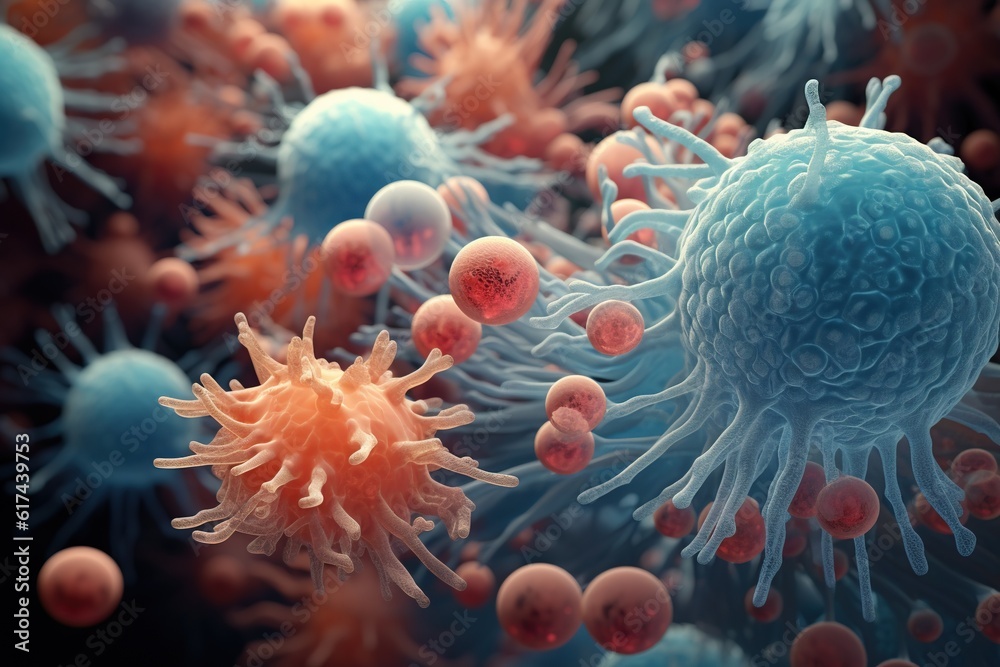 Microscopic macroscopic close view of cells attacked by virus and ...