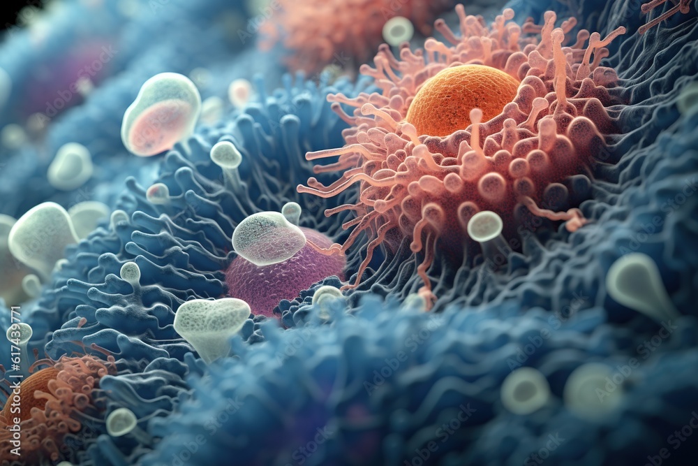 Microscopic macroscopic close view of cells attacked by virus and ...