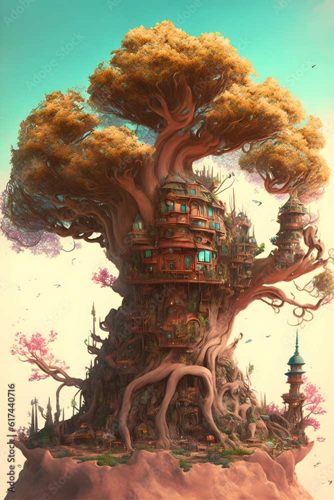 a gigantic psychedelic surreal tree city a huge tree thats actually a ...