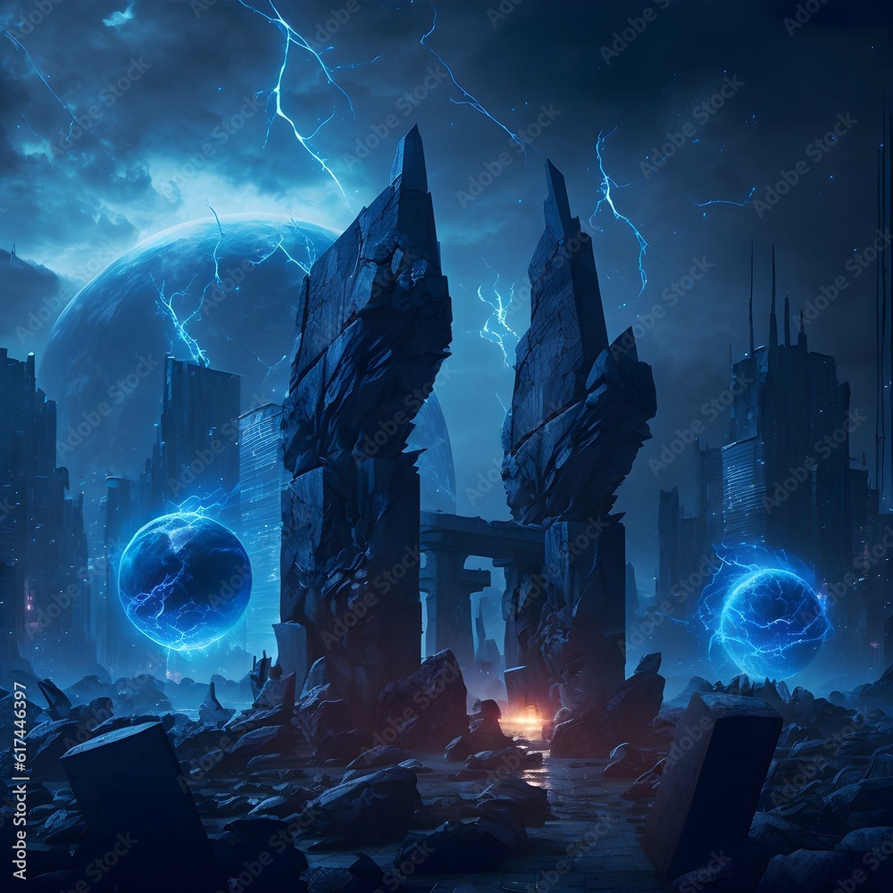 city with buildings made of megalith stones floating blue flames ...