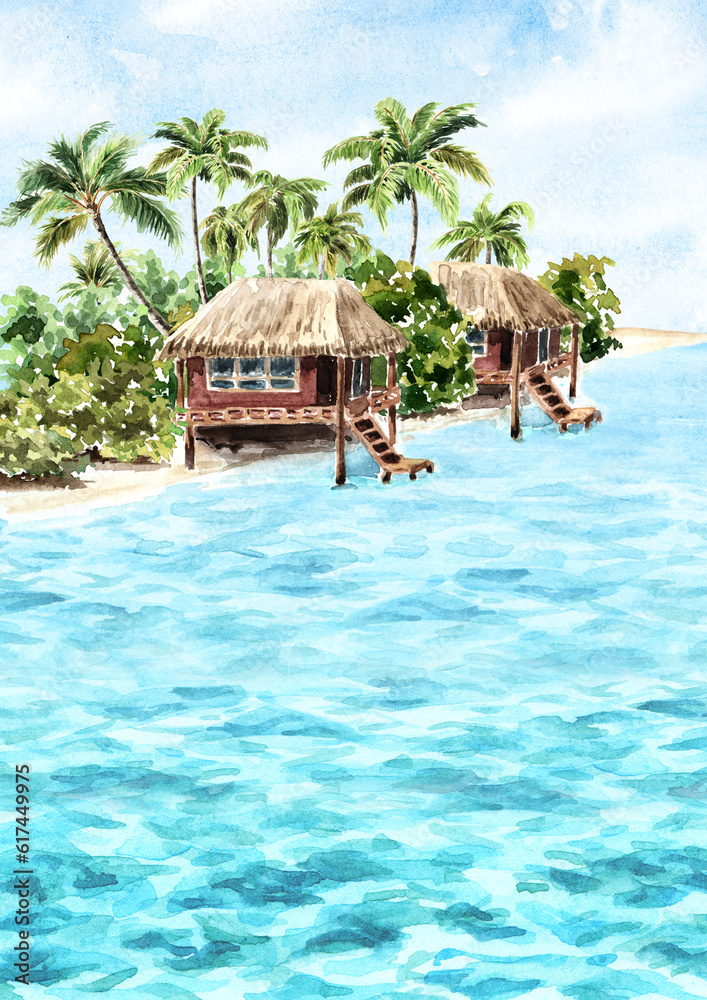 Tropical island template with palm trees and huts on the water. Sea ...