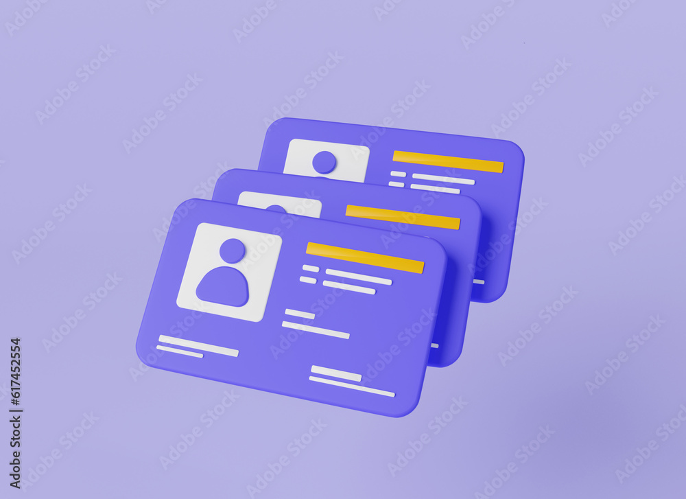 3d icon rendering illustration of Id card floating on purple background ...