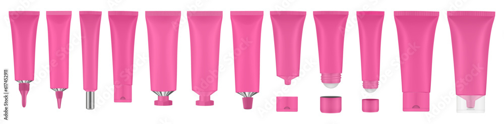 Set of pink tubes and bottles. Roller ball tube. Open and closed blank ...