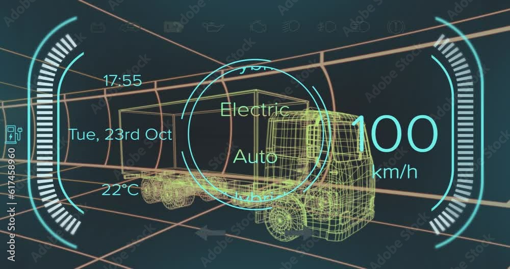 Animation of speedometer with numbers, texts over 3d model of truck against black background ...