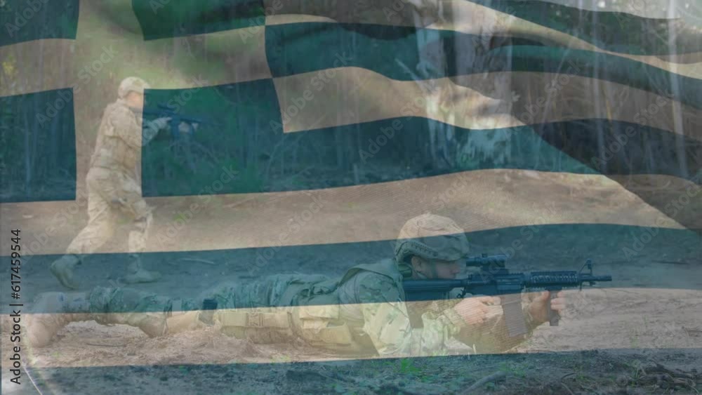Animation of flag of greece over diverse soldiers firing with guns ...