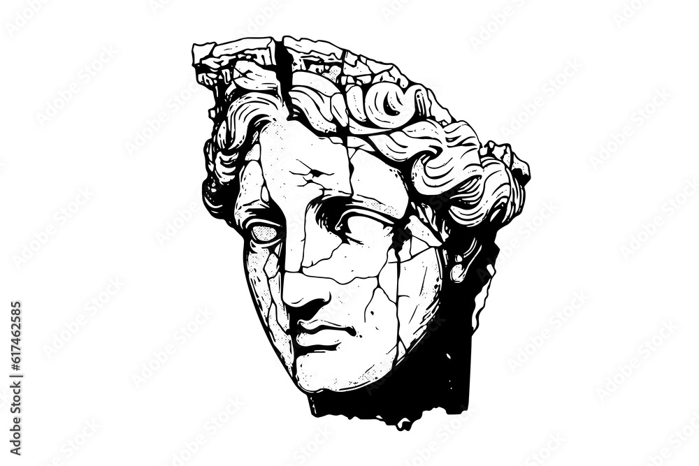 Сracked statue head of greek sculpture sketch engraving style vector ...