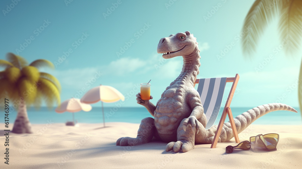 dinosaurs relaxing on the beach minimal rendering background Stock ...