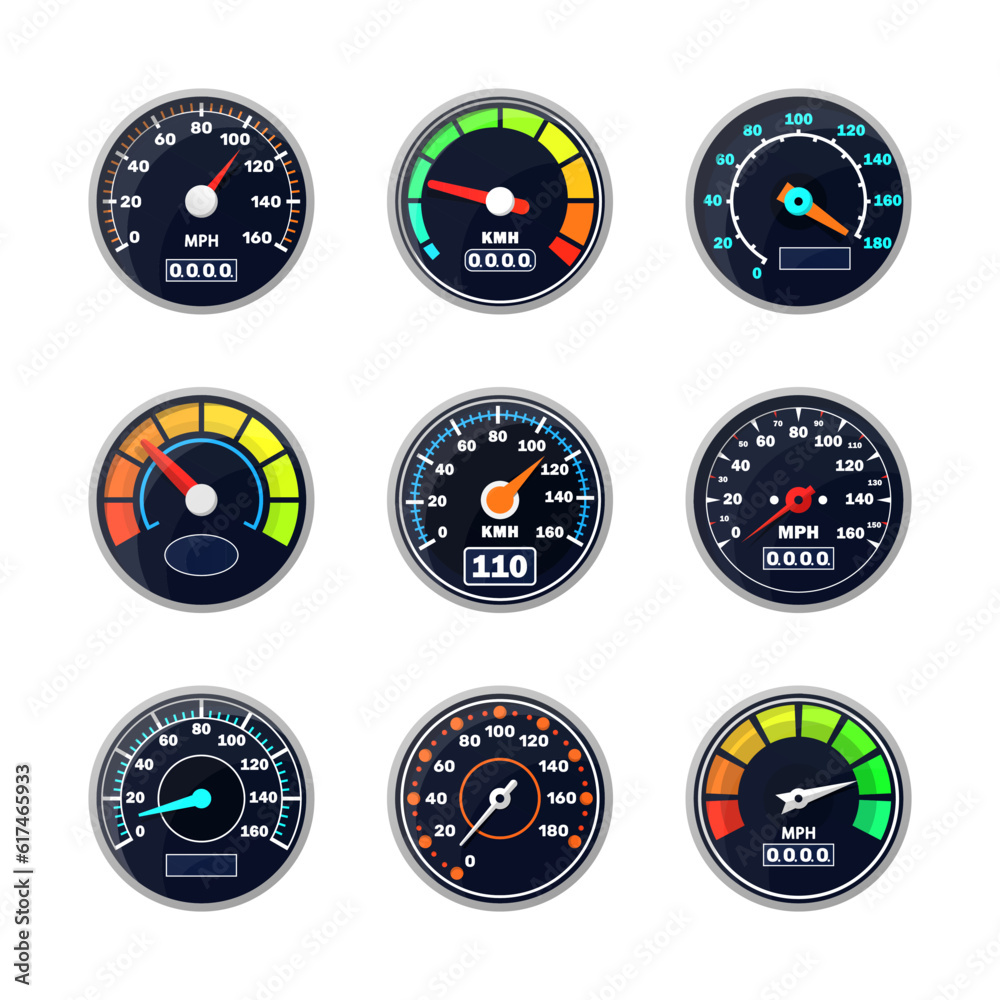 Car speedometers on black background for transportation, racing or ...