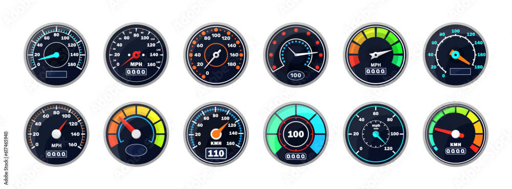 Car speedometers on black background for transportation, racing or ...