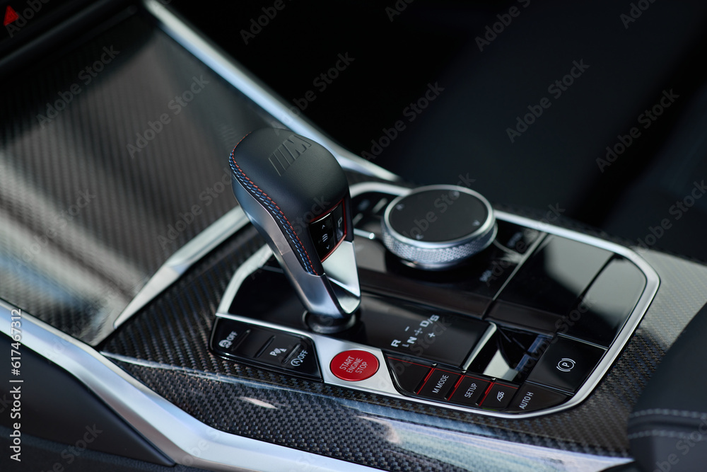 The gearbox lever and center console of the new BMW M2 Coupe. The ...