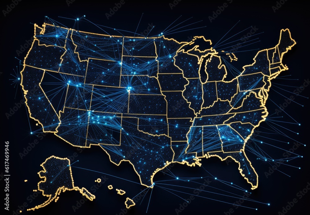 the map of the united states of america with a blue network Generative ...