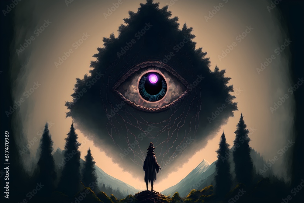 eye floating above a dark cliffside edge with a forest below under ...