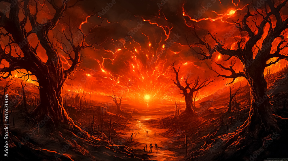 red fire hell in the mysterious haunted forest, copy space, made with ...