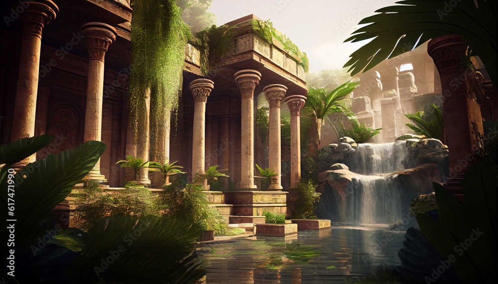 Ancient Hanging Gardens of Babylon. Plants and waterfalls in ancient ...