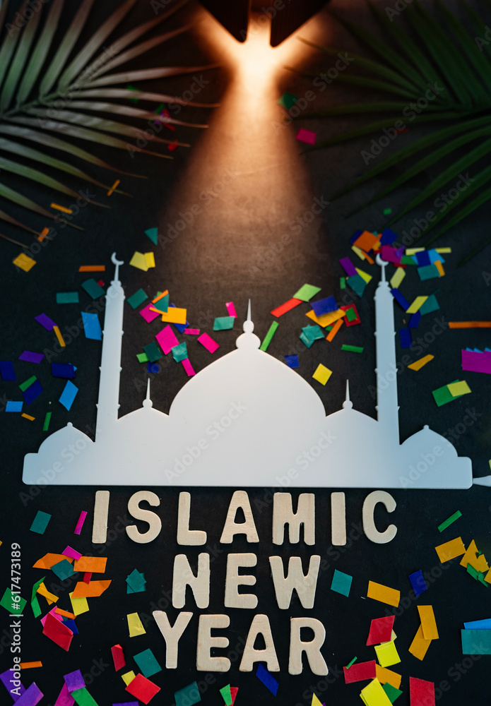 Islamic new year concept image top view of mosque and colourful ...